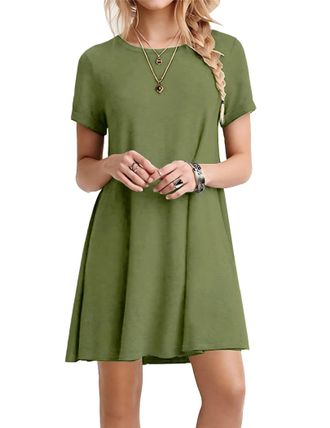 Zeagoo Tshirt Kleid Damen Sommer Knielang Kleider mit Taschen Rundhals Kurzarm T Shirtkleid Leicht Luftig Sommerkleid Army Gr&uuml;n S