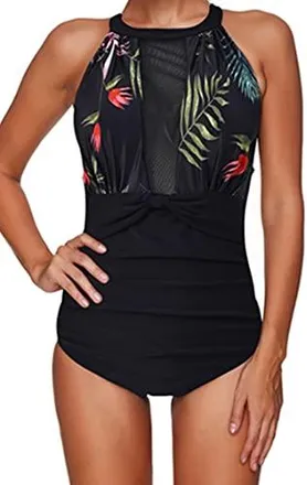 Ocean Plus Femme Les Couleurs Unies Col Haut Figure Mise en Forme de Maille Multicolore Maillot de Bain Dos Nu (XL (EU 40-42), Feuilles)