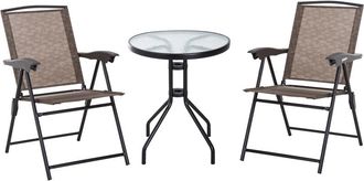 OUTSUNNY Ensemble de jardin 3 pièces 2 chaises inclinables multi-positions pliables + table ronde verre trempé métal époxy textilène chocolat