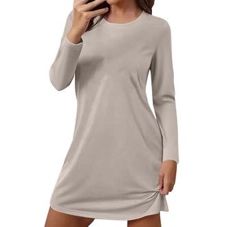 Generic Chemise de nuit midi &agrave; manches longues UK - Chemises de nuit en coton pour femme - Robe de nuit grande taille &agrave; manches longues - Col rond - Chemises 