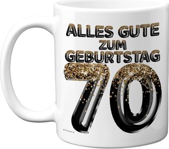 Stuff4 70. Geburtstagsgeschenke - Schwarz Gold Glitzerballons Tasse - Geburtstag Tasse f&uuml;r M&auml;nner und Frauen, 325 ml Premium-Keramiktasse, Sp&uuml;lmaschinenfest