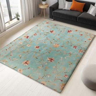Generic Bleu Tapis Chambre Ado Fran&ccedil;ais - Tapis Imprim&eacute; &Eacute;l&eacute;gance Fleurs Vignes, Flanelle Doux Antid&eacute;rapant Poils Courts pour Gar&ccedil;on Enfant Salon Salle &agrave; Mange