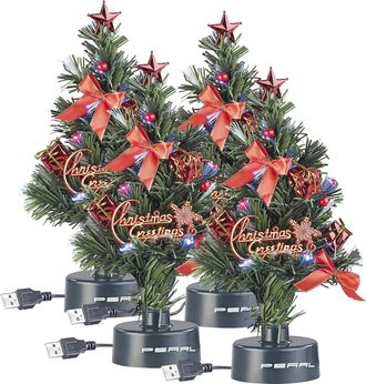 Pearl Weihnachtsbaum f&uuml;rs Auto: 4er-Set USB-Weihnachtsb&auml;ume mit LED-Farbwechsel-Glasfaserlichtern (Weihnachtsbaum f&uuml;r Fensterbank, USB Auto, Zigarettenanz&uuml;n