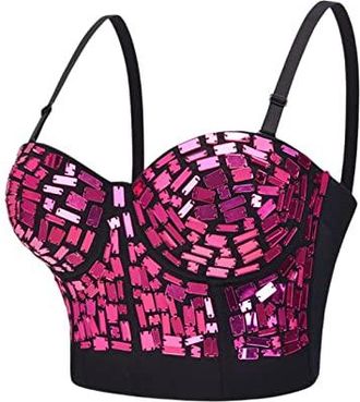 Generic Soutien-gorge 2026 pour femme, v&ecirc;tements de spectacle, lunettes sexy, petites bretelles, gilets, discoth&egrave;ques, f&ecirc;tes, ext&eacute;rieur court, rose vif, L