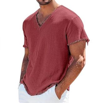 Generic T-shirts pour hommes col en V blanc, chemise en lin &agrave; manches courtes pour homme T-shirt &agrave; manches longues Hem ray&eacute;, chemise en lin pour les loisirs, 