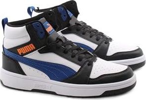 Puma Rebound V6 Mid, Chaussures de Sport Hautes, Blanc/Bleu/Noir, Mesh Respirant et Cuir Synthétique avec Semelle SOFTFOAM+, Blanc Bleu Noir, 38.5 EU