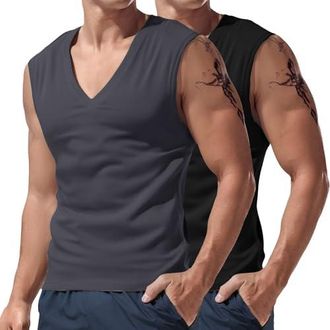 Generic Lot de 2 maillots de corps pour homme - Col en V - Couleur unie - Sans manches - D&eacute;contract&eacute; - D&eacute;bardeur de course - Coupe ajust&eacute;e - Respirant - Gilet