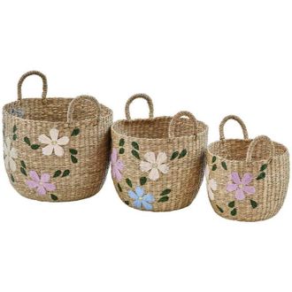 Atmosphera 3er-Set Aufbewahrungsk&ouml;rbe Sauv aus Schilfrohr mit Blumenstickerei - Atmosphera cr&eacute;ateur dint&eacute;rieur
