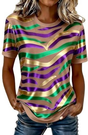 Generic T-shirt d&eacute;contract&eacute; &agrave; manches courtes et col rond pour femme - Imprim&eacute; abstrait &agrave; rayures color&eacute;es - T-shirt d&eacute;t&eacute; doux et extensible pour le travail, 