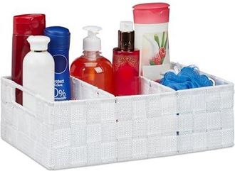 Relaxdays Aufbewahrungskorb mit Fächern, Kosmetik Aufbewahrung im Bad, Körbchen mit Griffen, HBT: 10 x 32 x 21 cm, weiß, 1 Stück
