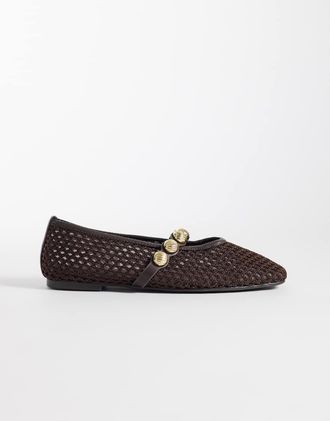 River Island Ballerines plates effet crochet&eacute; avec d&eacute;tail dor&eacute; - Marron fonc&eacute;