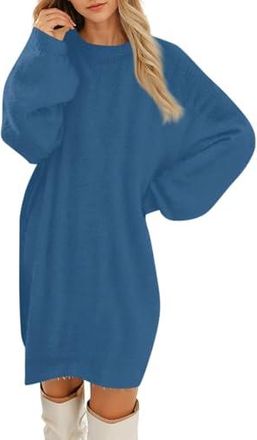 Generic Robe Hiver Femme Chic et Elegant Pull Femme Chic Couleur Unie Col Rond D&eacute;contract&eacute;es Comfortable Pullover Sweater Bleu XXL