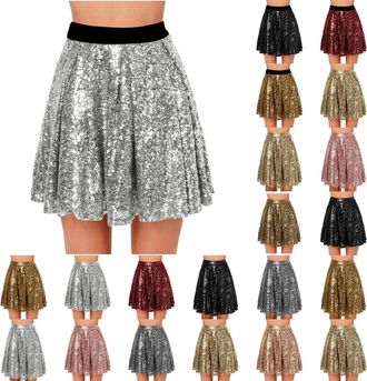 Generic Pailettenrock Damen Gl&auml;nzender Karneval R&ouml;cke Knielang Sexy Party Rock Hohe Taille Glitzer Rock Elegant Funkenmariechen Partyrock Metallischer Faltenr