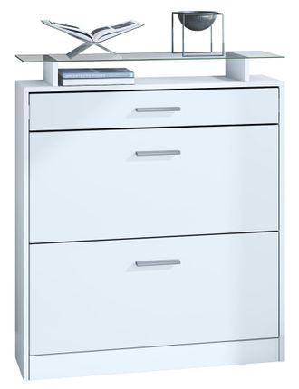 Vladon Schuhschrank Loret 89 x 104 x 23 cm Schuhkipper f&uuml;r 16 Paar Schuhe mit 1 Schublade, 1 Glasablage, Farben Wei&szlig; matt & Wei&szlig; matt