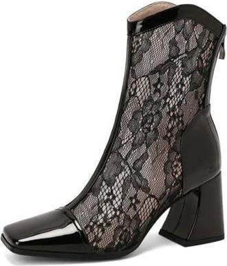 Generic Bottines tendance en maille et dentelle florale &agrave; bout carr&eacute; et talons hauts pour femme, chaussures d&eacute;contract&eacute;es pour f&ecirc;te de mariage, Noir, 40.5 EU