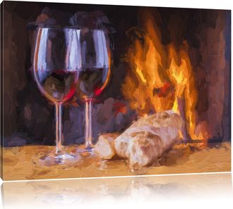 Pixxprint Wein und Baguette am Kamin, Größe: 80x60cm, Leinwandbild, fertig gespannt, Wandbild, Dekoration, Kunstdruck, kein Poster