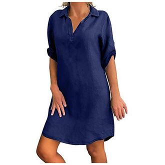 Generic Robe chemise robe chemisier robe lin femme col en V manches mi-longues robe chemise &eacute;l&eacute;gante &eacute;t&eacute; d&eacute;contract&eacute;e couleur unie robe courte mini robe ample