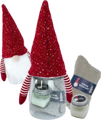 KDA Wichtelgeschenk Greta - Kerze & Kuschelsocken im Wichtel-Design in wiederverwendbarer Wichteldose Freunde, Kollegen, Lieblingsmenschen (Greta (rot))