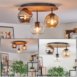 HOFSTEIN Deckenleuchte Koyoto, 3-flammige Deckenlampe aus Metall/Holz/Glas in Schwarz/Natur/Chrom/Rauch/Bernstein/Klar, Leuchte Vintage-Design, Schirme &Oslash; 15cm,