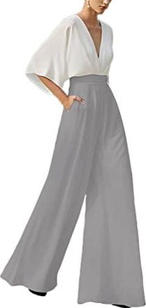 ORANDESIGNE Femmes Combinaison Manches Courtes Col en V Couleur Unie Barboteuse Jumpsuit &eacute;t&eacute; Chic Pantalon Large Taille Haute Casual Combishort avec Ceinture D&eacute;co