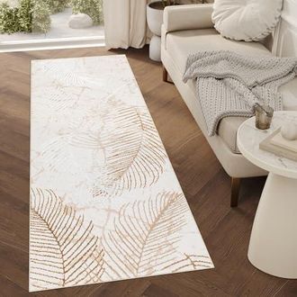 Tapiso Crystal Tapis Couloir Long sur Mesure Tapis de Passage Poils Ras Tapis Entr&eacute;e Chambre Salon Moderne Cr&egrave;me Beige Feuilles de Palmier Effet 3D Oeko-TEX 
