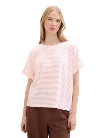 Tom Tailor Damen Basic Boxy T-Shirt mit Streifen, offwhite pink stripe, XXL