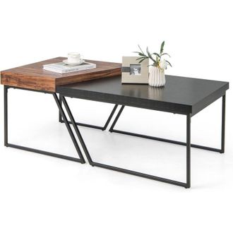 Costway 2er Satztisch Set industriell, Holz Couchtisch mit Metallrahmen, Beistelltisch 60 x 60 x 46cm + 80 x 60 x 42cm - Costway