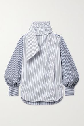 Adam Lippes Blouse À Col Montant En Popeline De Coton À Rayures Et À Drapé Foulard - Bleu