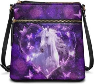 Coloranimal Sac &agrave; bandouli&egrave;re pour femme - Sac &agrave; bandouli&egrave;re &agrave; fermeture &eacute;clair - Sac &agrave; bandouli&egrave;re l&eacute;ger en cuir synth&eacute;tique, Cheval papillon violet
