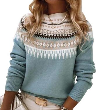 Generic Pull tricot&eacute; vintage &agrave; col rond et manches longues pour femme Motif Fair Isle, 01, 3XL-6XL