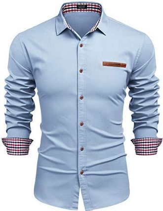 Coofandy Chemise Homme Manches Longues en Jean Denim Shirt Slim Fit Col Kent Chemise Cowboy Style Business D&eacute;contract&eacute; Bleu B&eacute;b&eacute; M