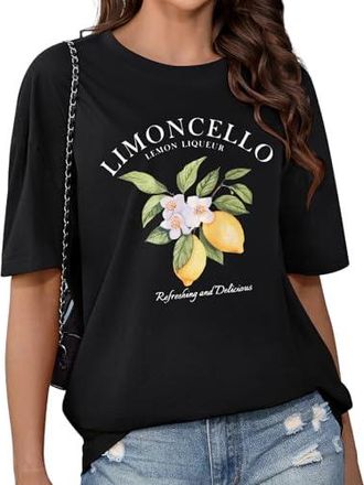 Heekpek T-shirt surdimensionn&eacute; pour femme - Col rond - Manches courtes - T-shirt d&eacute;t&eacute; en coton imprim&eacute; - T-shirt avec motif imprim&eacute; citron - D&eacute;contract&eacute; - D&eacute;c