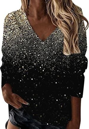Generic FNKDOR T-Shirts &agrave; Manches Longues pour Femmes Sweatshirt Col en V Tee Shirts Tuniques Basiques avec Brillant Chemisier Tops Blouse D&eacute;contract&eacute;e Casual