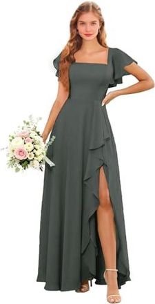 Generic Robe de demoiselle dhonneur à manches courtes en mousseline de soie avec fente et col carré, robe dinvitée de mariage, robe formelle pour mariage, gri