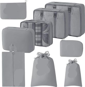 Generic 9-teiliges Set, tragbare Mesh-Daten-Gep&auml;ckaufbewahrungstasche, Unterw&auml;sche-Kleider-Organizer mit Schuhen, Kabeltaschen, Reiseverpackungsw&uuml;rfel(Light G