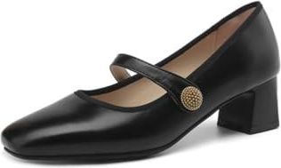 Generic Femmes Rétro Mary Jane Pompes Bouton Décor Talons Blocs Bout Carré Tige en Cuir Souple Semelle Intérieure Rembourrée Durable Chaussures De Bureau Élég