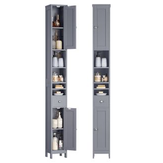 Vasagle Badschrank, Badezimmerschrank, hoch, schmaler Aufbewahrungsschrank, mit verstellbaren Ablagen, Schublade, offenen F&auml;chern, f&uuml;r kleine R&auml;ume, modern, T