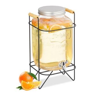 Relaxdays Getr&auml;nkespender mit St&auml;nder, Limobeh&auml;lter 8 l, Zapfhahn und Deckel, Wasserspender, Glas, transparent/schwarz
