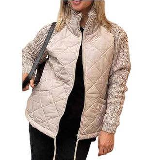 Generic Veste bouffante en tricot patchwork &agrave; manches longues et col montant matelass&eacute; avec poches pour femme, kaki, XXL