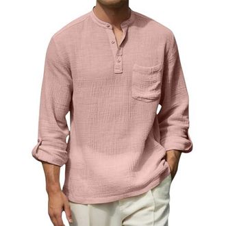 Generic Chemise &agrave; manches longues pour homme - Coupe classique - Col Henley - Col grand-p&egrave;re - T-shirt intelligent &agrave; demi-boutons - Coupe ajust&eacute;e - Sans col -