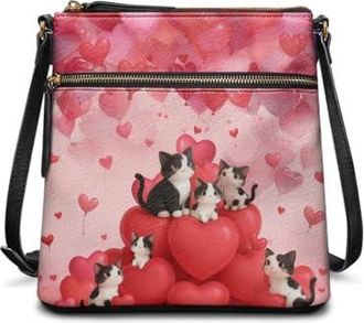 Coloranimal Sac &agrave; bandouli&egrave;re l&eacute;ger en cuir synth&eacute;tique avec fermeture &eacute;clair pour femme, Adorable coeur en forme de chat