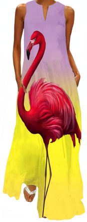 Ocean Plus Damen Langer Rock Vintage Druck Kleid mit V-Ausschnitt &Auml;rmellose Tasche Sommerkleid (XXL, Flamingo)