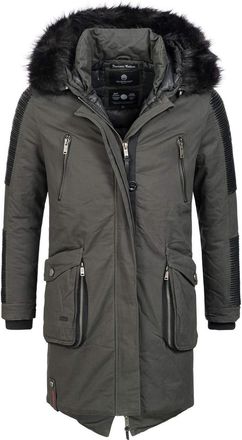 Marikoo Herren Winter Jacke Winterjacke Parka warm lang Kunstfell Biker B644 [B644-Warrior-Grau-Gr.S]