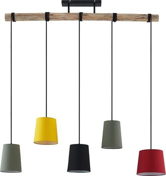 Lindby Esstisch Pendelleuchte Holz Textil, Balkenpendelleuchte Holzast und Stoff Lampenschirm Hängelampe Lampe Wohnzimmer 4x E27 ohne Leuchtmittel
