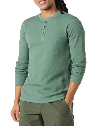 Amazon Essentials Herren Langärmeliges Waffel-Henley, Normale Passform, Grün, XXL
