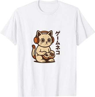 Hello Kitty Gaming Katze mit Headset und Controller Cartoon Stil Gamer T-Shirt