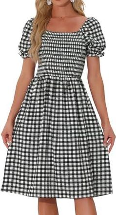 Allegra K Robe Smockée Femmes Manches Courtes Robes Fendues Col Carré Décontractées Robe Midi à Carreaux Noir XL