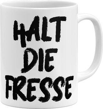 OM3 lustige Tasse mit Spruch - Halt die Fresse - Statement | Keramik Becher | 325ml | Beidseitig Bedruckt | Weiss