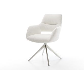 DELIFE Drehstuhl Yago-Flex mit Armlehnen Boucl&eacute; Creme-Wei&szlig; Kreuzgestell breit Edelstahl 360&deg; drehbar Wippfunktion Taschenfederkern, Esszimmerst&uuml;hle
