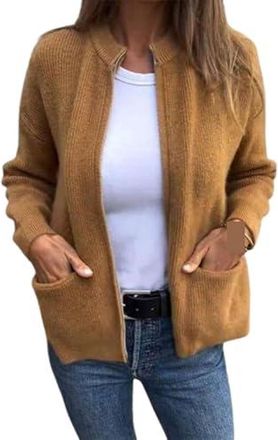 Generic Cardigan Femme &agrave; Fermeture &Eacute;clair, Col Rond Uni avec Poches, Veste en Tricot Ouvert D&eacute;contract&eacute;(Brown,XX-Large)